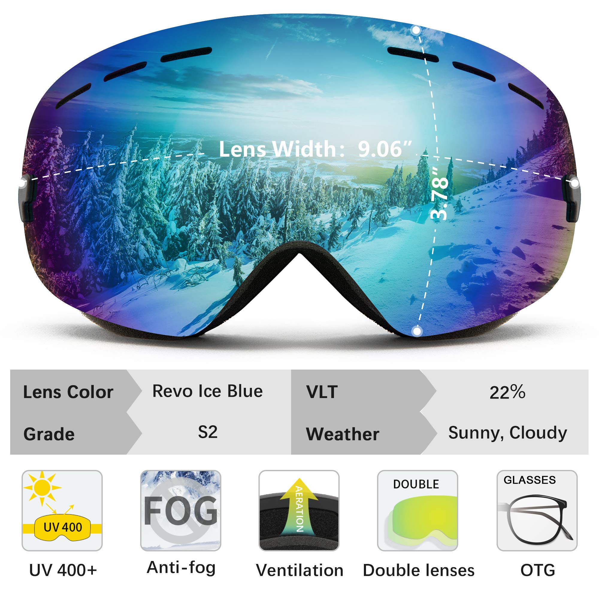 Wantdo Ski Goggles Frameless Spherical Snowboard Goggles Revo Ice Blue,VLT 22%