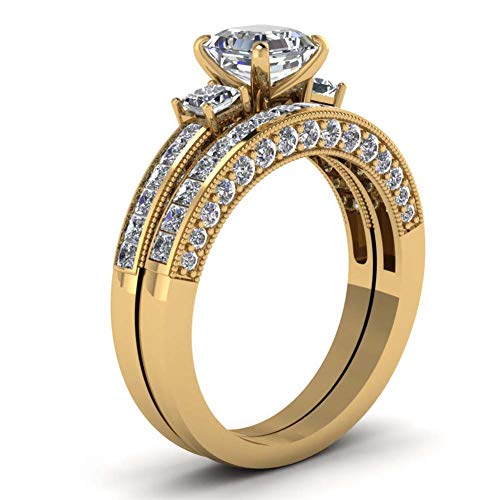 ringheart Couple Rings Three stone Yellow Gold Filled Princess cut Cz Womens Wedding Ring Sets Titanium Wedding Band