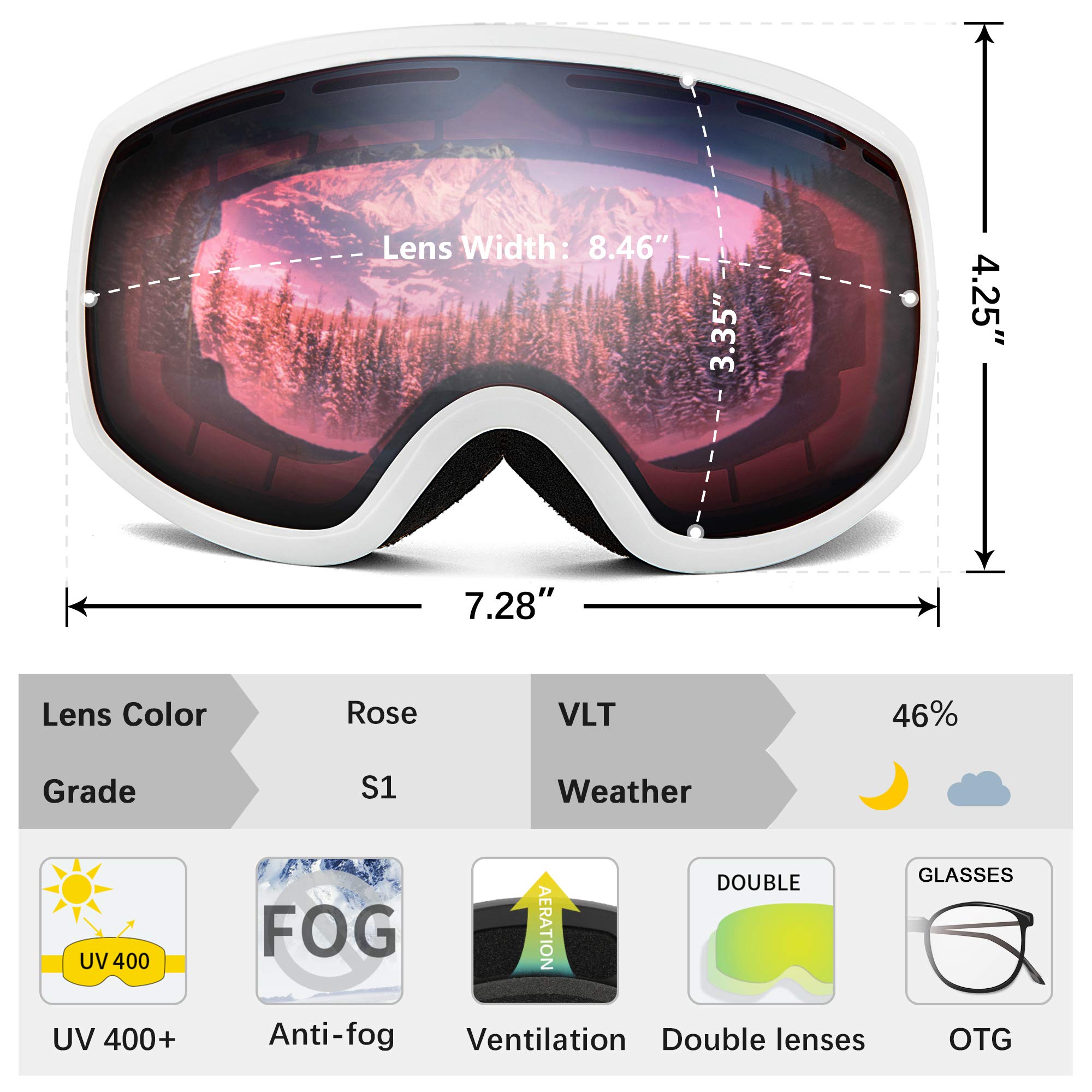 Wantdo Spherical Ski Goggles Double Layer OTG Snow Goggles Skiing Rose,VLT 46%
