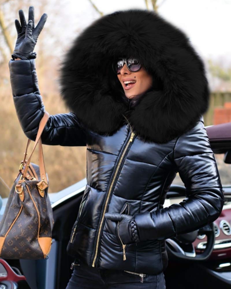 tiptupu Women's Winter Thicken Coat Lightweight Short Down Jacket Quilted Parka with Fur Hood (as1, alpha, m, regular, regular, Black Black)
