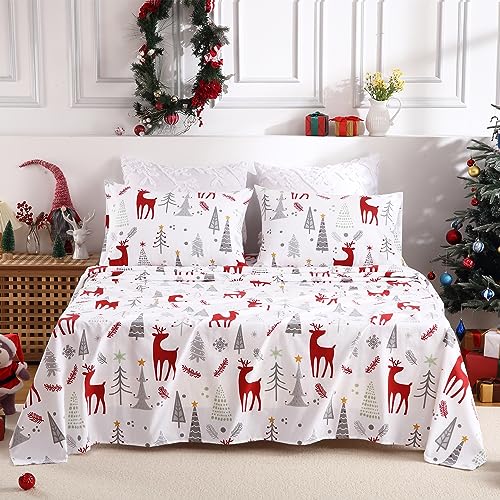 STARBEDIA Christmas Sheets Full, 100% Cotton Flannel Holiday Bed Sheet Set, Deep Pocket Fitted Sheet, Soft Warm Brushed Christmas Sheet (Full Size, Christmas Forest Deer)