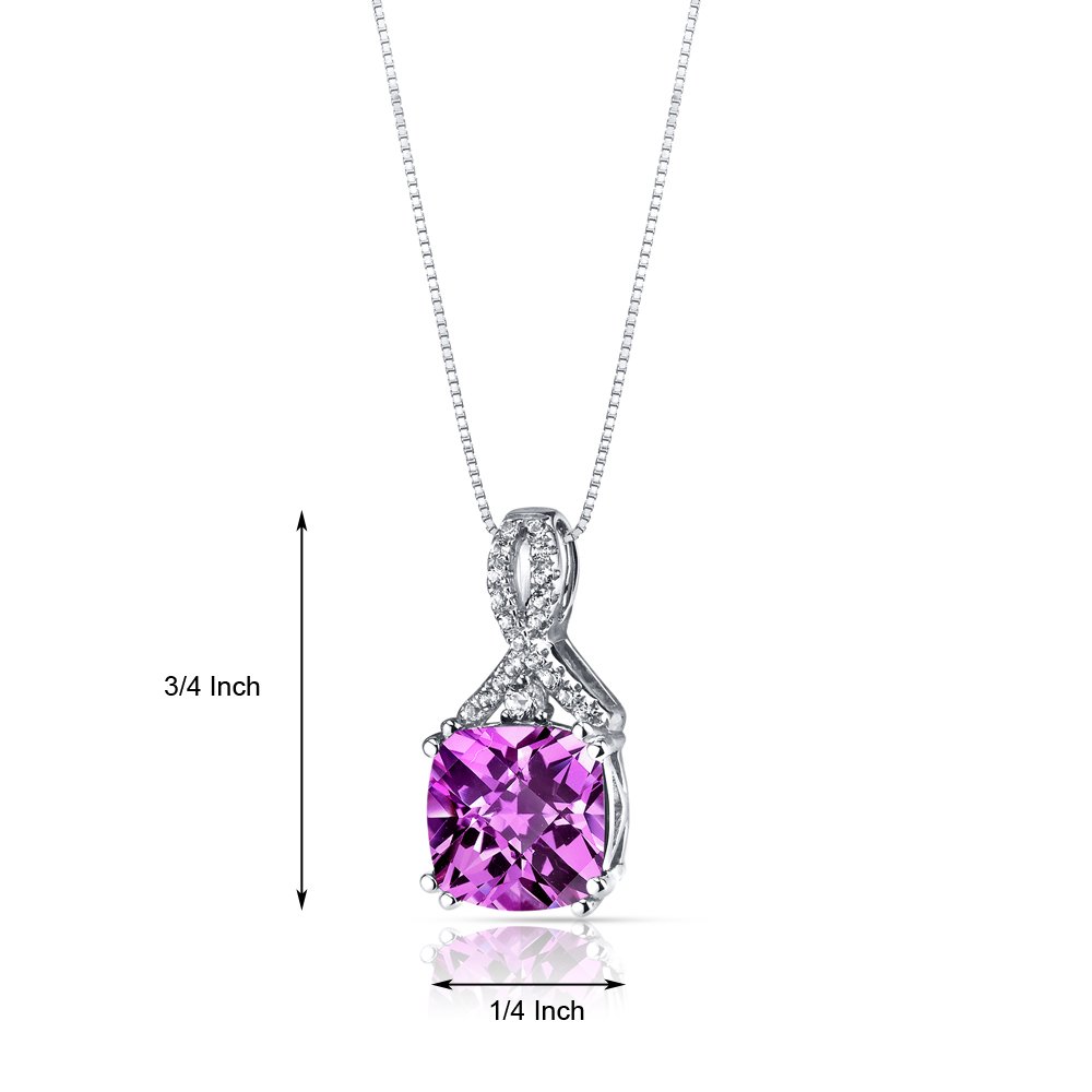 Peora Created Pink Sapphire with Genuine White Topaz Open Infinity Pendant for Women 14K White Gold, 4.25 Carats Cushion Cut 9mm, with 18 inch Chain