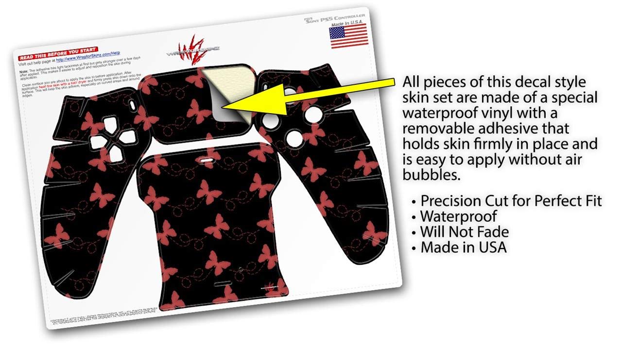 WraptorSkinz Skin Wrap compatible with Sony PS5 DualSense Controller Pastel Butterflies Red on Black (CONTROLLER NOT INCLUDED)