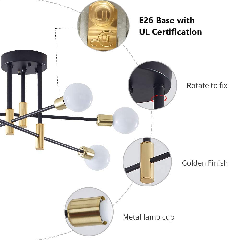 Sputnik Chandelier Modern Ceiling Light Fixture Mid Century Black and Gold Industrial Pendant Light Semi Flush Mount Lighting for Living Room Dining Room Bedroom Kitchen Bar Cafe
