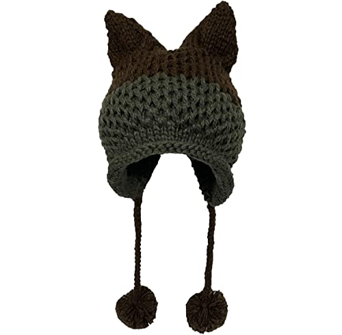 SUNONE11HKA Fox Ears Beanie Winter Warm Handmade Knitted Pompom Caps Crochet Hat