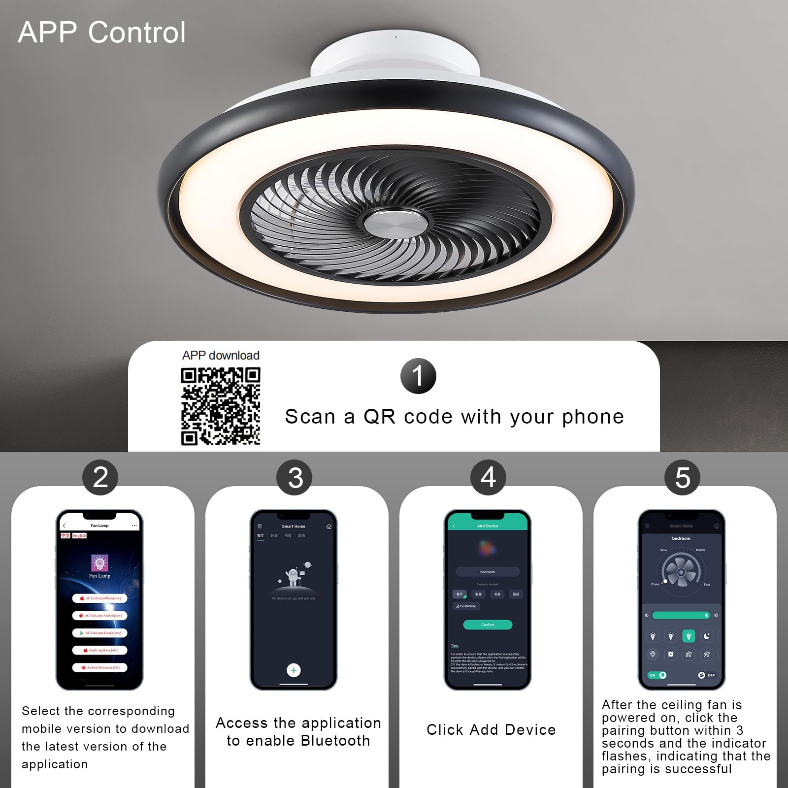Surtime Ceiling Fans with Lights and Remote Control,Modern Low Profile Bladeless Small Ceiling Fan for Bedroom,22" Flush Mount Enclosed Ceiling Fans