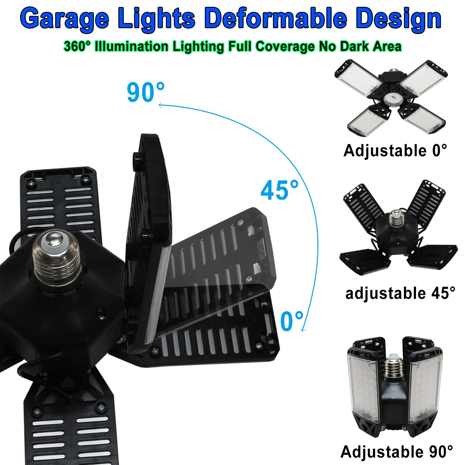 QiyuanLS 2 Pack 60W LED Garage Lights, Deformable Garage Light with 3 Adjustable Wings, 6000LM, E26 LED Shop Light, Barn Light, High Bay Light, Ceiling Lighting Fixture for Warehouse