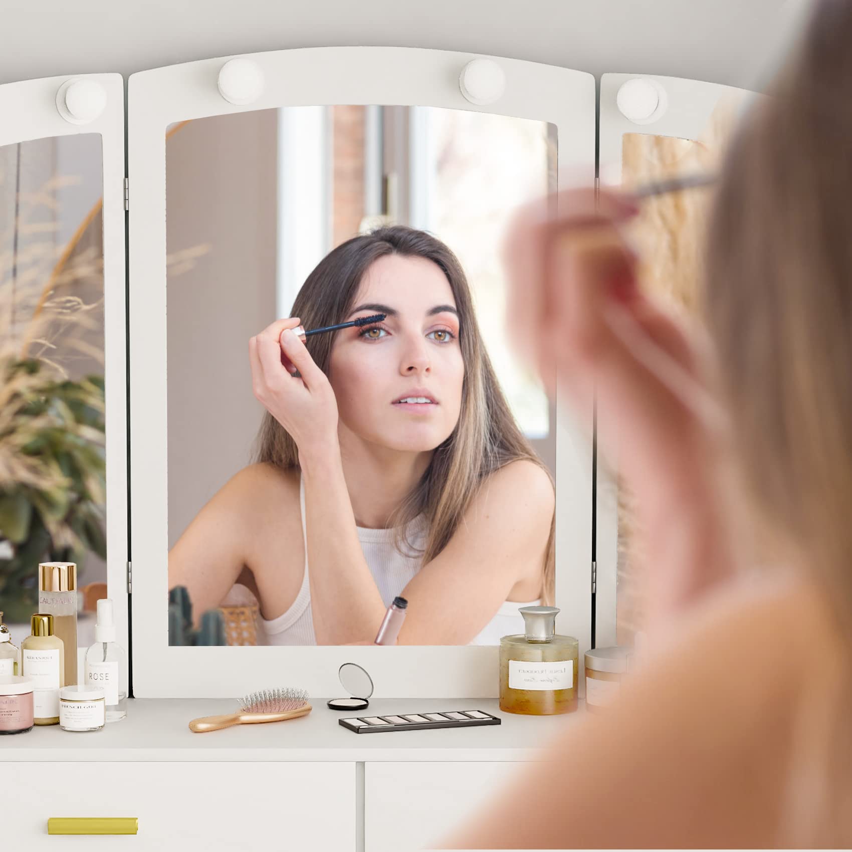 Semiocthome White Vanity Mirror with Lights and Table Set with 2 Drawers, 10 LED Lights Makeup Vanity Desk with Stool, Make Up Vanity Mirror lit with Gold Frame Dressing Table and Chair Upgrade-White
