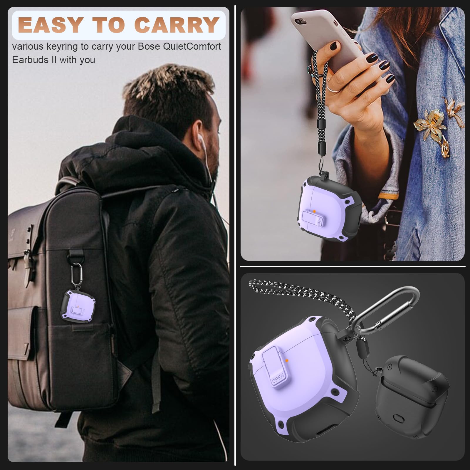 Secure Lock Bose QuietComfort Earbuds II Case(2022)&Bose QuietComfort Ultra Case(2023),WOFRO Full-Body Shockproof Protective Bose Earbuds 2 Case Cover Hard Accessories with Carabiner&Lanyard(Purple)