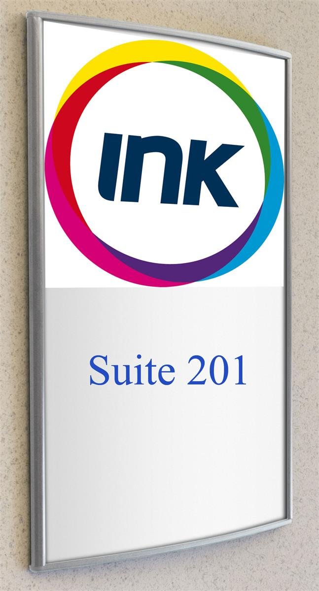 Set of 2, Door Sign with Non-glare Lens for Displaying 8-1/2 x 11-Inch Graphics, Curved Name Plate Holder Mounts Vertically or Horizontally to a Wall, Silver, Aluminum