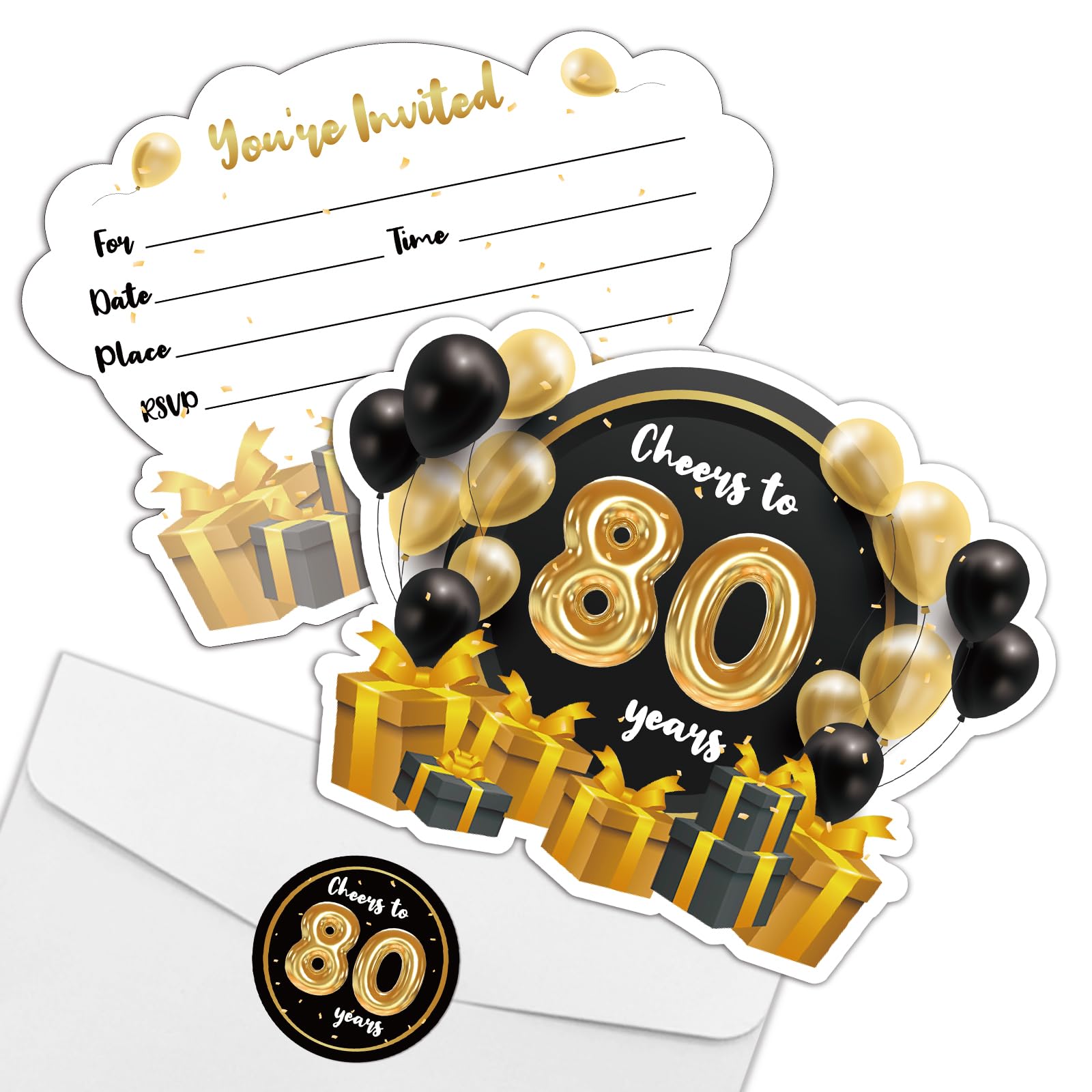 REWIDPARTY Cheers to 80 Years Birthday Party Invitations with Envelopes & Stickers(Set of 15) Balloon Shaped Fill-in Invitations Black Gold 80th Invite Cards 80th Birthday Anniversary Party Supplies