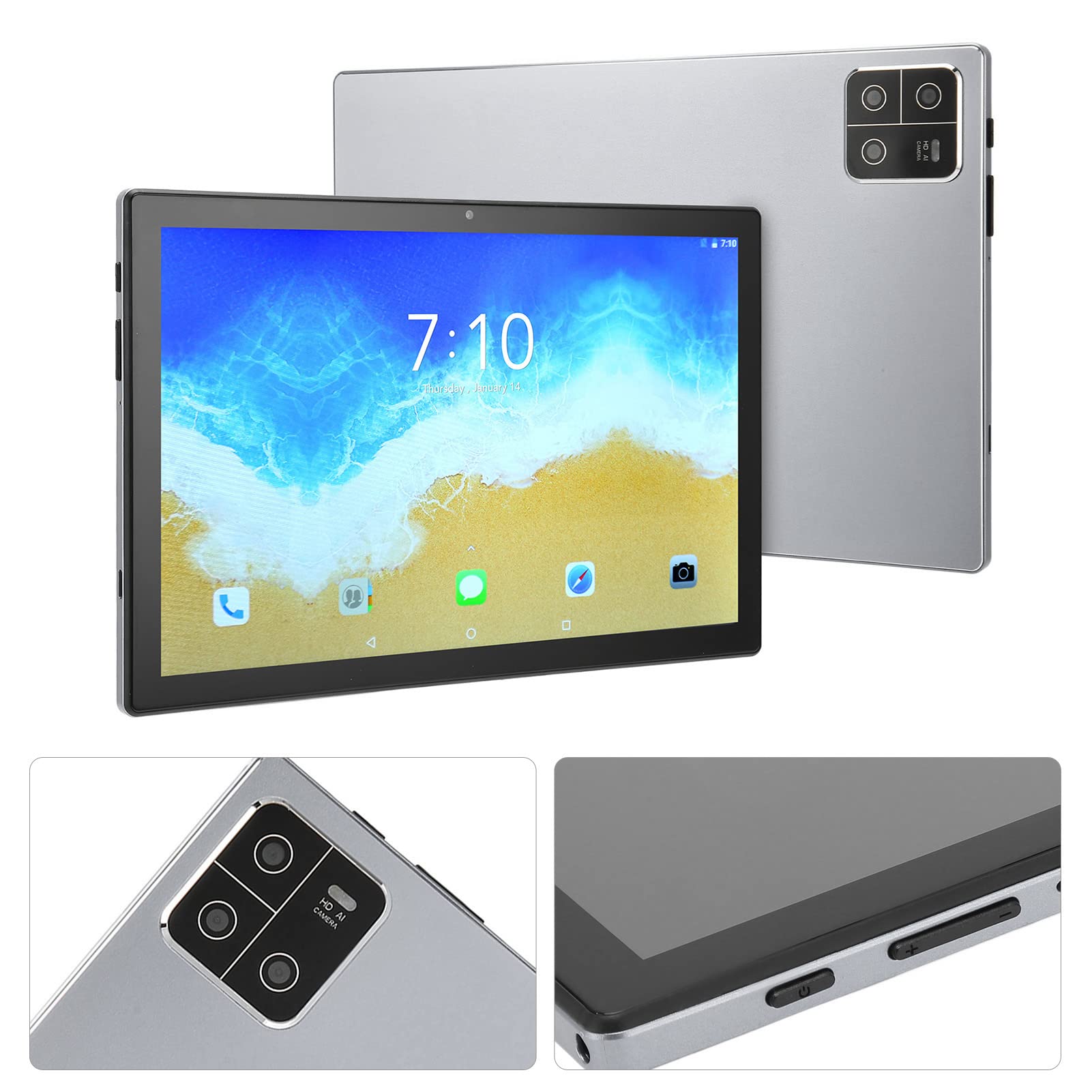 Rosvola Tablet PC, Silver Color Office Tablet 10 Inch 8800mAh IPS Display for Travel (US Plug)