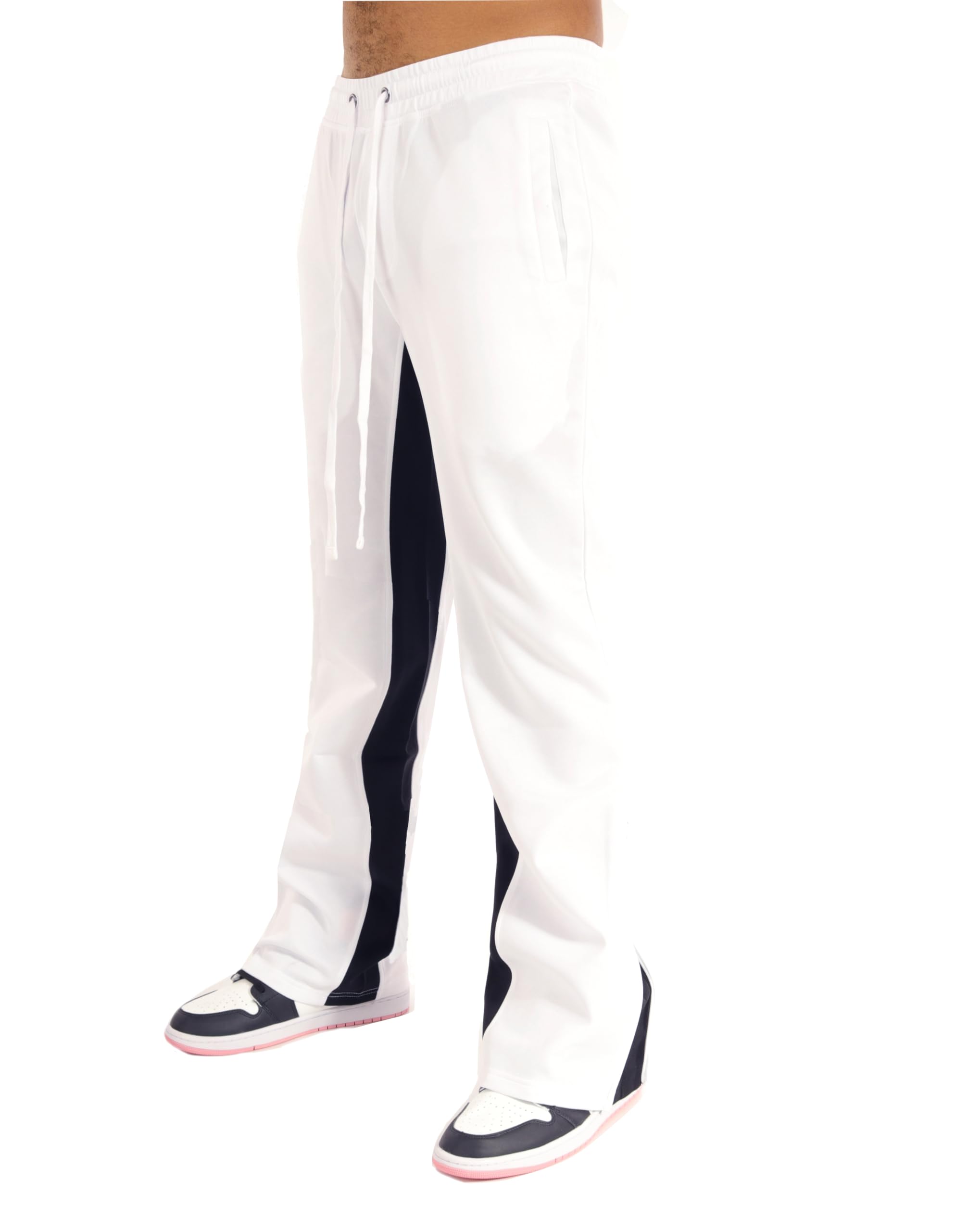 SCREENSHOT-S41702 Mens Streetwear Premium Stacked Flare Fit Urban Track Pants - Modern Workout Athletic Wide Bottoms Inseam Taping-White/Black-3XLarge