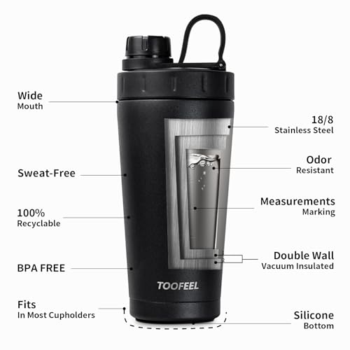 TOOFEEL Shaker Bottle Stainless Steel - 20 oz Double Walled Insulated Shaker Cups for Protein Shakes, Keeps Cold/Hot, Shaker Bottle for Protein Mixes, Gym Workout Protein Shaker Bottle