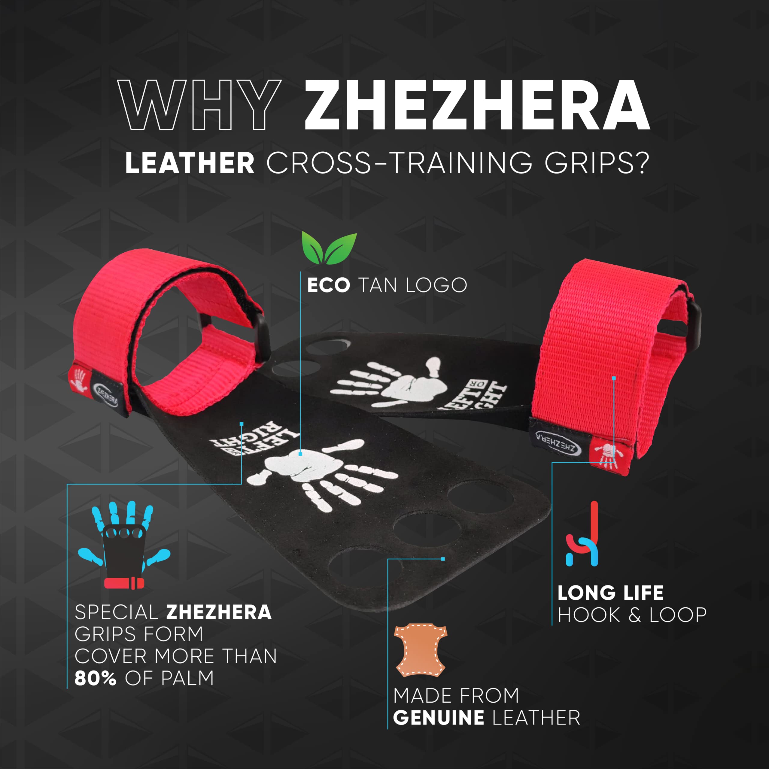 ZHEZHERA Leather Hand Grips | 3 Hole Grips with Wrist Wraps for Weight Lifting, Pull-ups, Gymnastics, Kettlebells & Cross-Training | Great Hand Protection | Unisex (Sold in Pairs) (Large, Black)