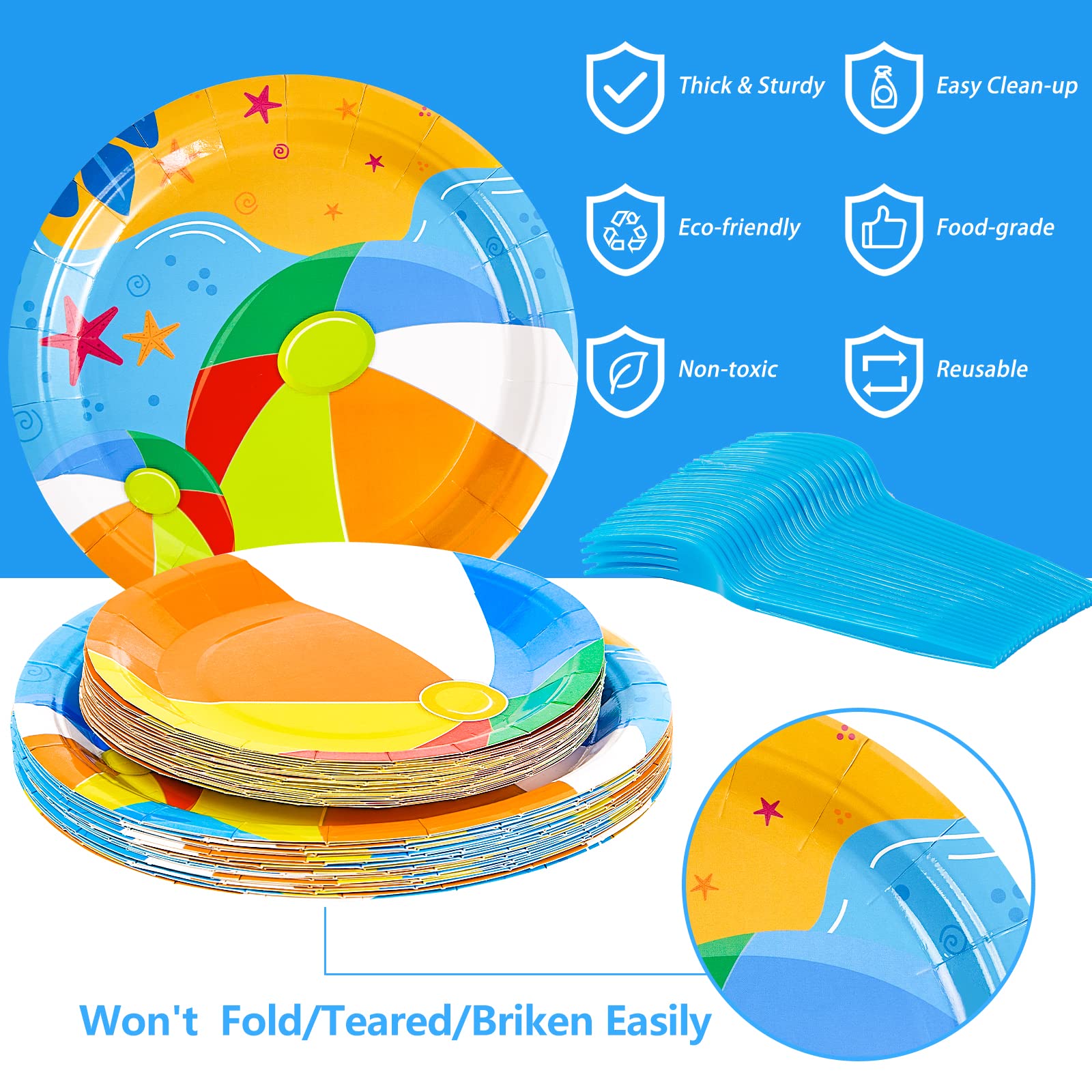 SCIONE 96 Pcs Summer Pool Ball Party Plates and Napkins - Beach Ball Theme Party Supplies Tableware For Kids Serves 24