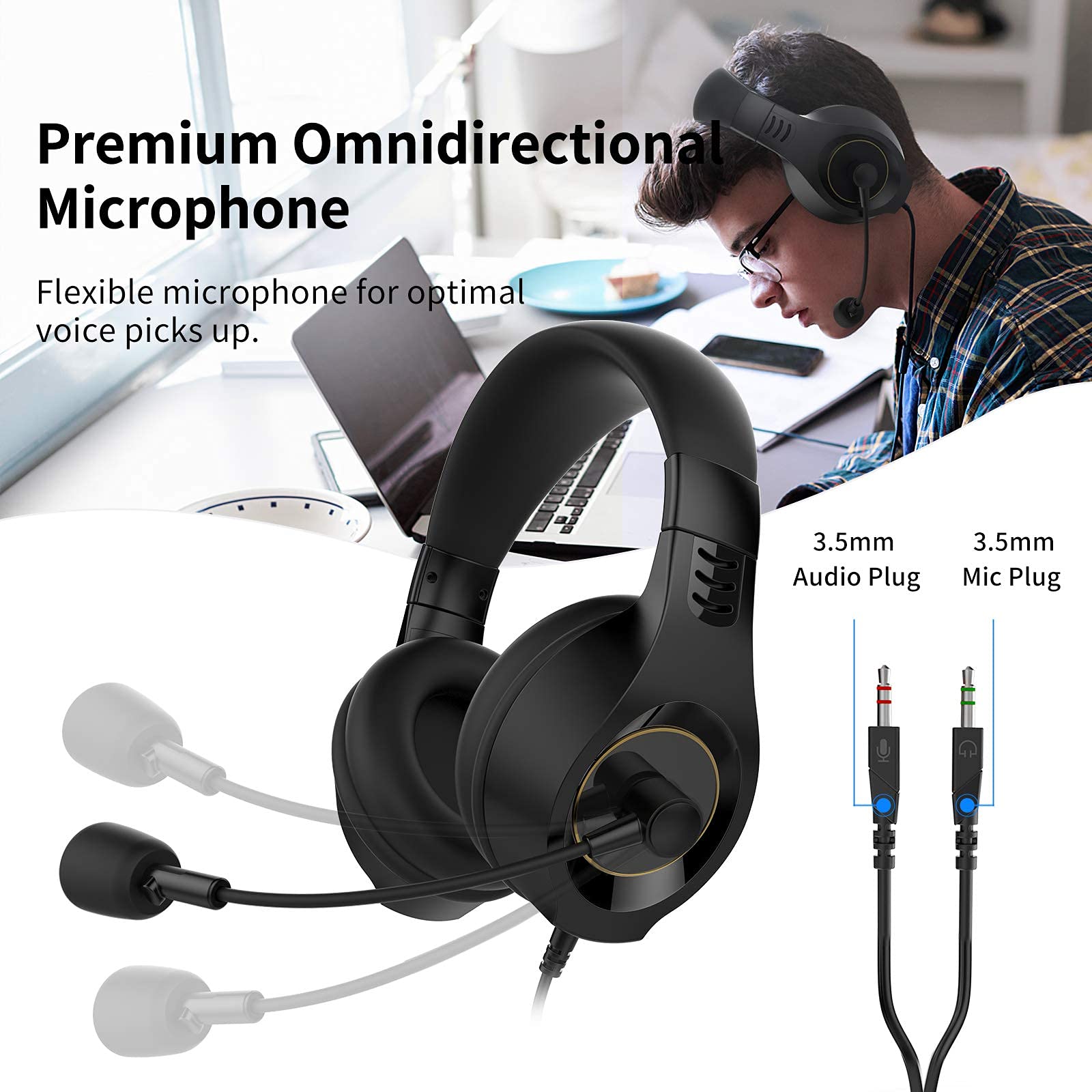 SOMIC 3.5mm Stereo Headset, Computer Headset Over-Ear Headphones with Boom Microphone for Desktop, Wired Headphones with Volume Control for Work/Skype/Conference, 2 Pack (Separate Audio& Mic Ports)