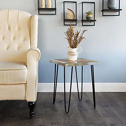 WELLAND Side Table Reclaimed Wood, Round Hairpin Leg End Table, Night Stand, Recycled Boat Wood, 20" Tall