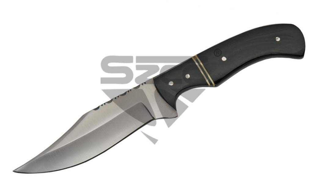 SZCO Supplies 9" Horn Handle Clip Point Hunting Knife with Leather Sheath,Black,203411