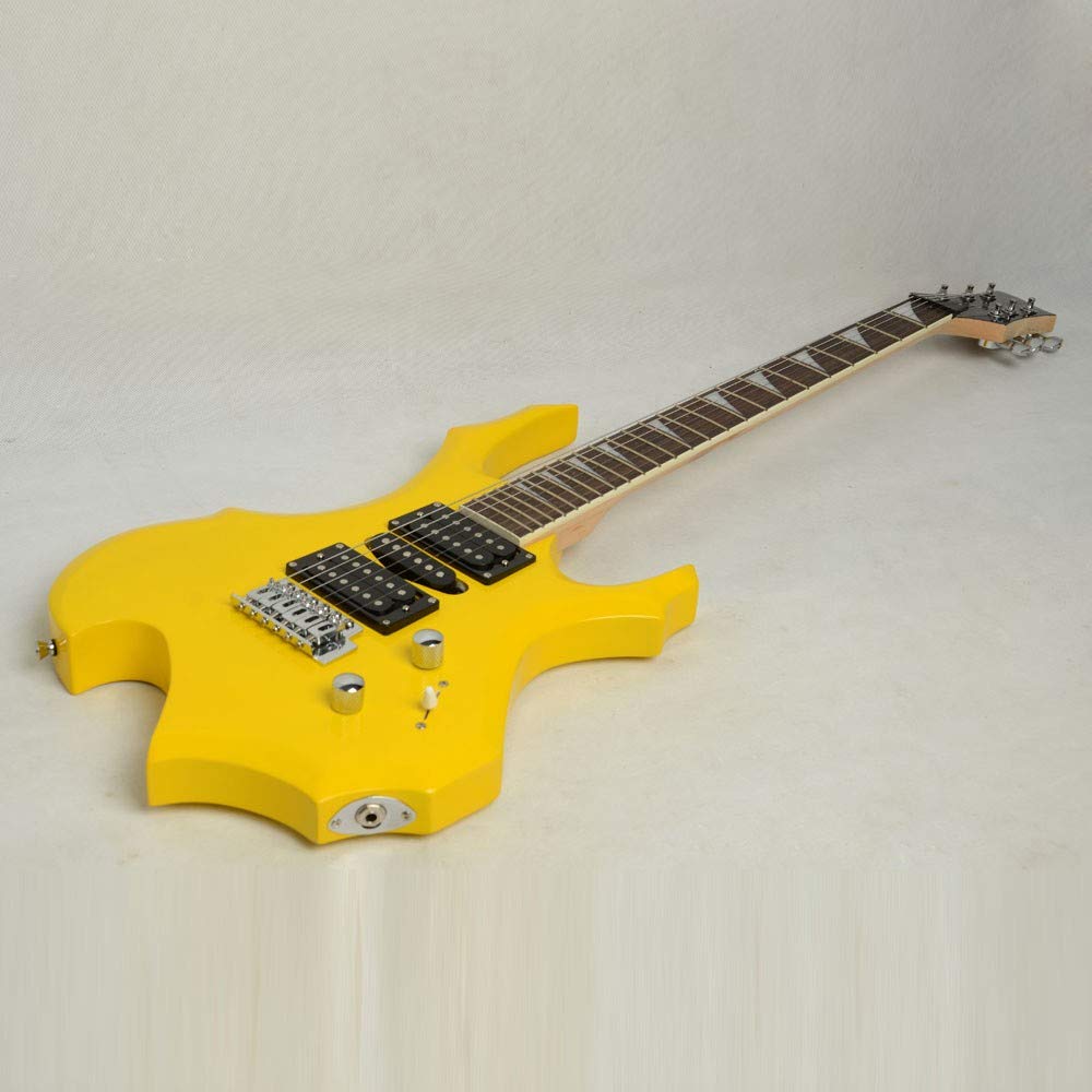 Waful Novice Flame Shaped Electric Guitar HSH Pickup Bag Strap Paddle Rocker Cable Wrench Tool Yellow