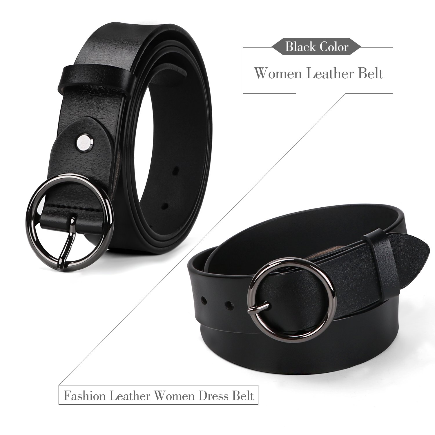 WERFORU Women Casual Dress Belt Genuine Leather Belt with Round Buckle,Black,Suit Pant Size 29-34 inches