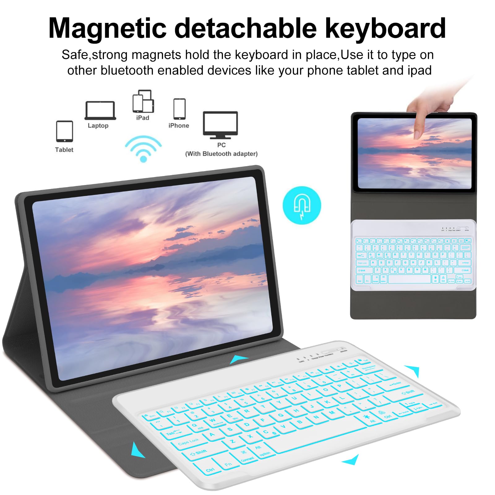 Samsung Galaxy Tab S7 FE/S8 Plus/S7 Plus Case with Keyboard 12.4 Inch - Smart Folio Case with S Pen Holder, 7 Colors Backlight Detachable Wireless Keyboard for Tab S7 FE 2021/S8+ 2022/S7+ 2020, Blue