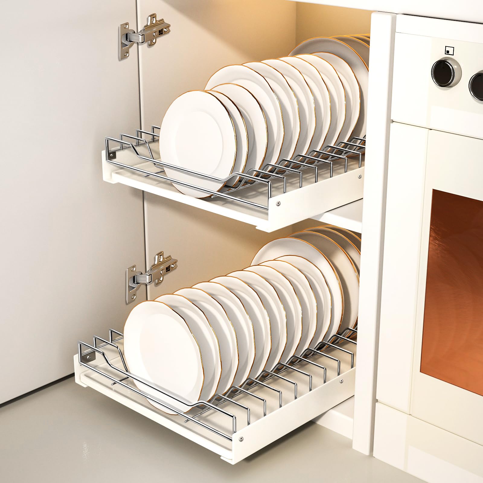 Tksrn Pull Out Cabinet Organizer Fixed With Adhesive Nano Film, Dish Drying Rack with Drainboard Set, Stainless Steel Dish Racks for Kitchen Counter, 11.8" W x16.6 D x 2.95" H