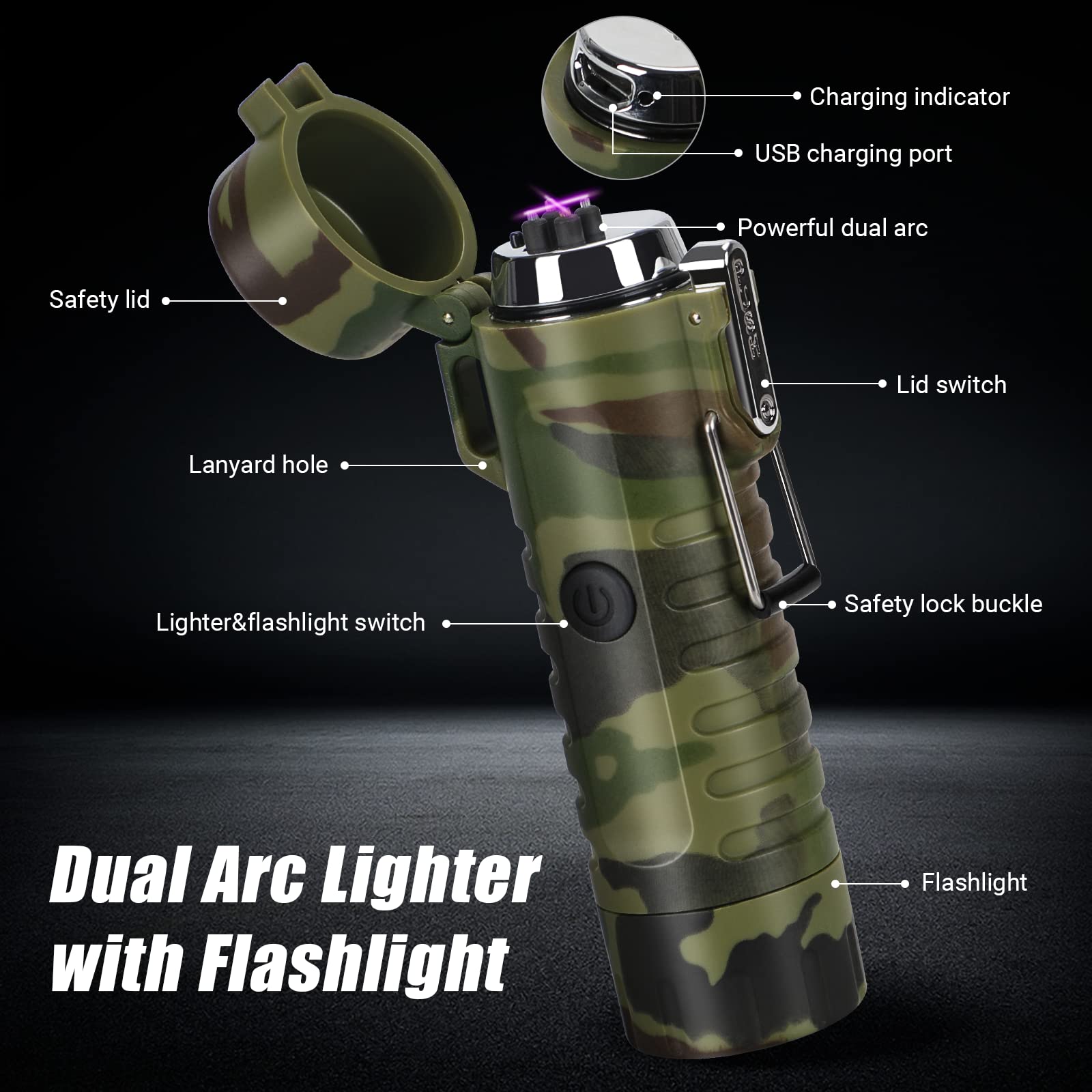 Scotte Electric Lighter USB Rechargeable Plasma Lighter Waterproof Lighter with Flashlight Arc Lighter Include 5 in 1 Magnesium Fire Starter for Outdoor Camping Hiking Tactical Survival Lighter