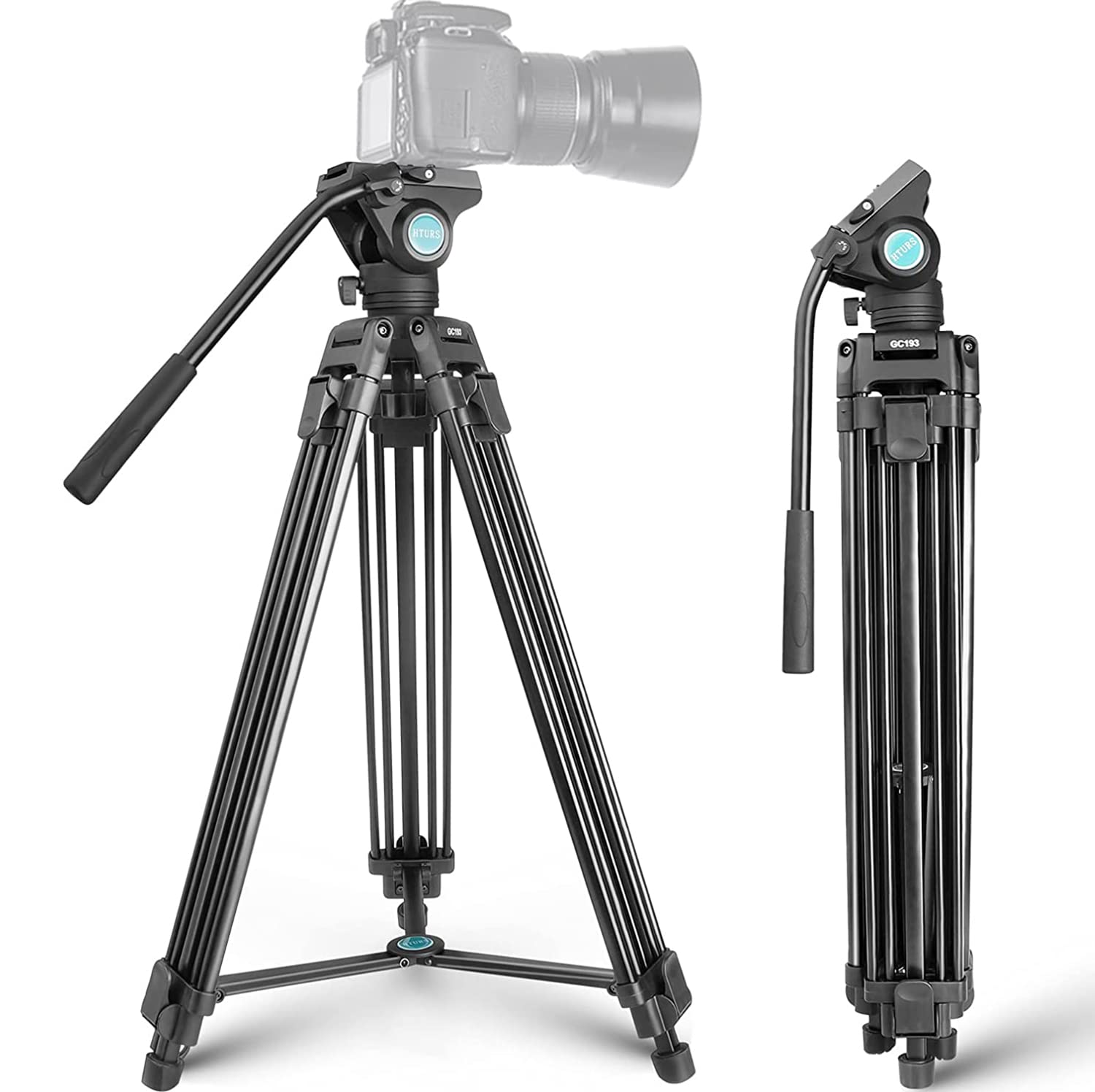 Tripod for Professional Cameras, HTURS 67 Inch Heavy Duty Tripod, with 360 Degree Fluid Head & Mid-Level Spreader, Complete Tripod Units with Travel Bag, 22LB Load Capacity