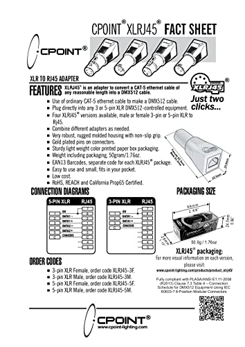 SIRS-E 2-Pack - CPoint XLR RJ45 Adapter CAT-5 Ethernet to DMX512 Cable Converter, Female 3-Pin, XLRJ45-3F