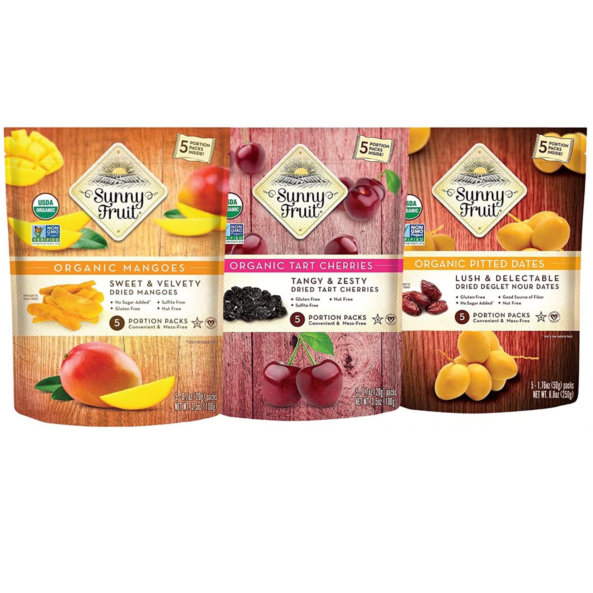 Sunny Fruit Organic Dried Fruit Assortment - Figs, Apricots, Dates, Mango, Cherries & Prunes Variety, 6 Bags (30 Individual Portion Packs) | NON-GMO, HALAL, KOSHER, NO PRESERVATIVES, NO SUGAR ADDED