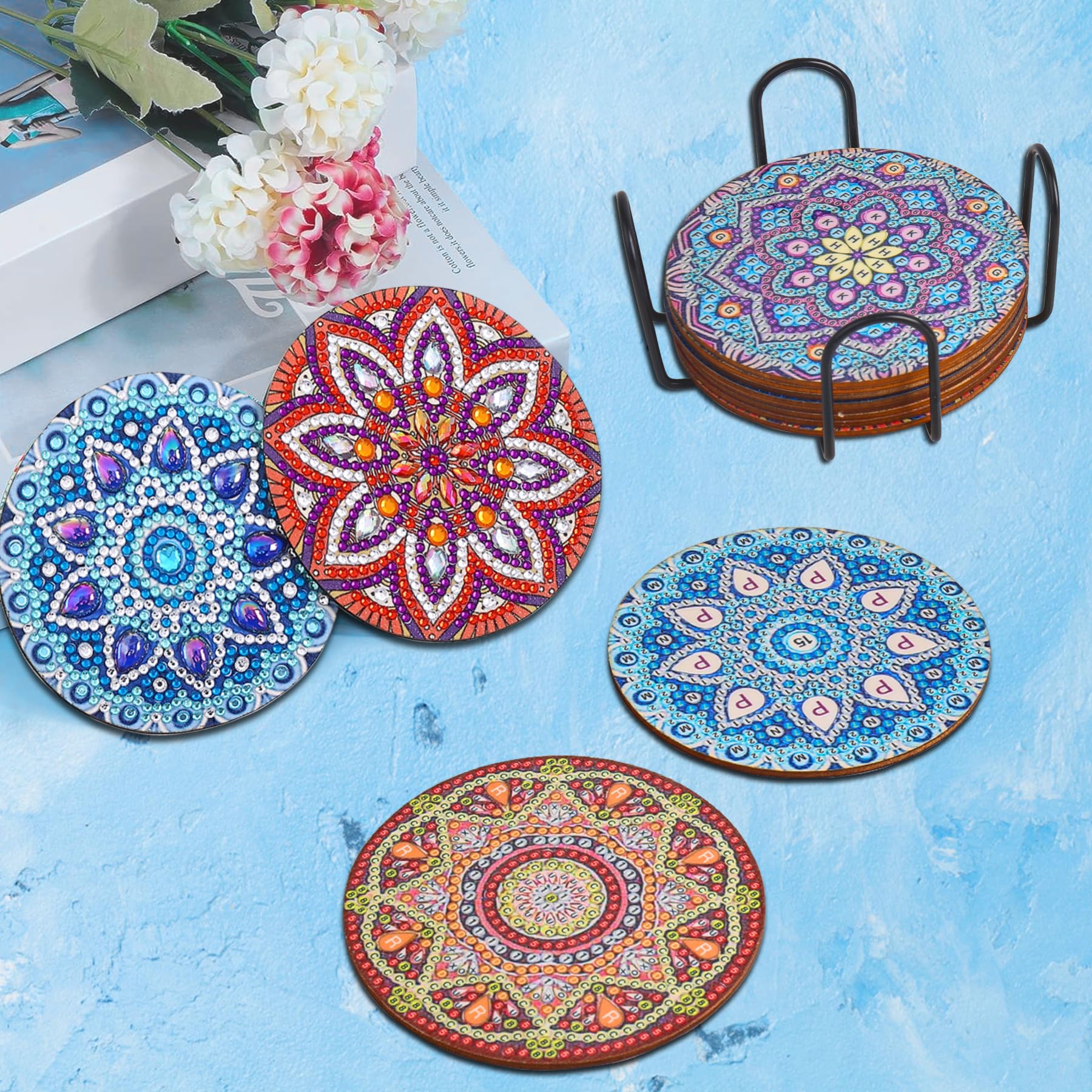 SEL 10Pcs Diamond Painting Coasters Kit, DIY Diamond Art Coasters Kits Mandala Diamond Painting Coasters with Holder, DIY Art for Beginners, Kids Adults
