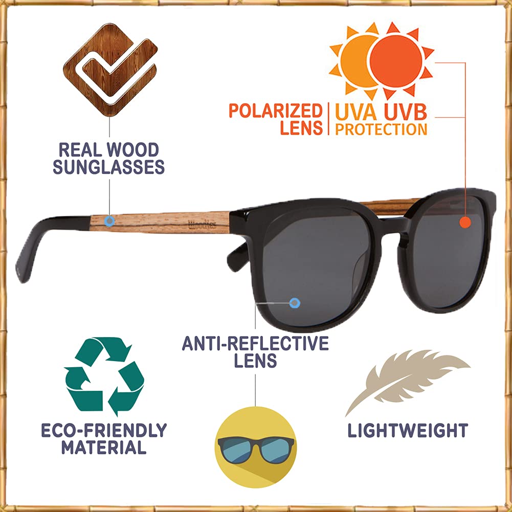 Woodies Zebra Wood Vintage One Bridge Polarized Style Black Sunglasses | Wooden Gift Box | 100% UVA/UVB Ray Protection