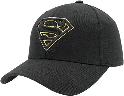 Superman Logo Flexfit Stretch-Fit Fitted Baseball Cap Hat (Medium~Large, Black/Gold Line)