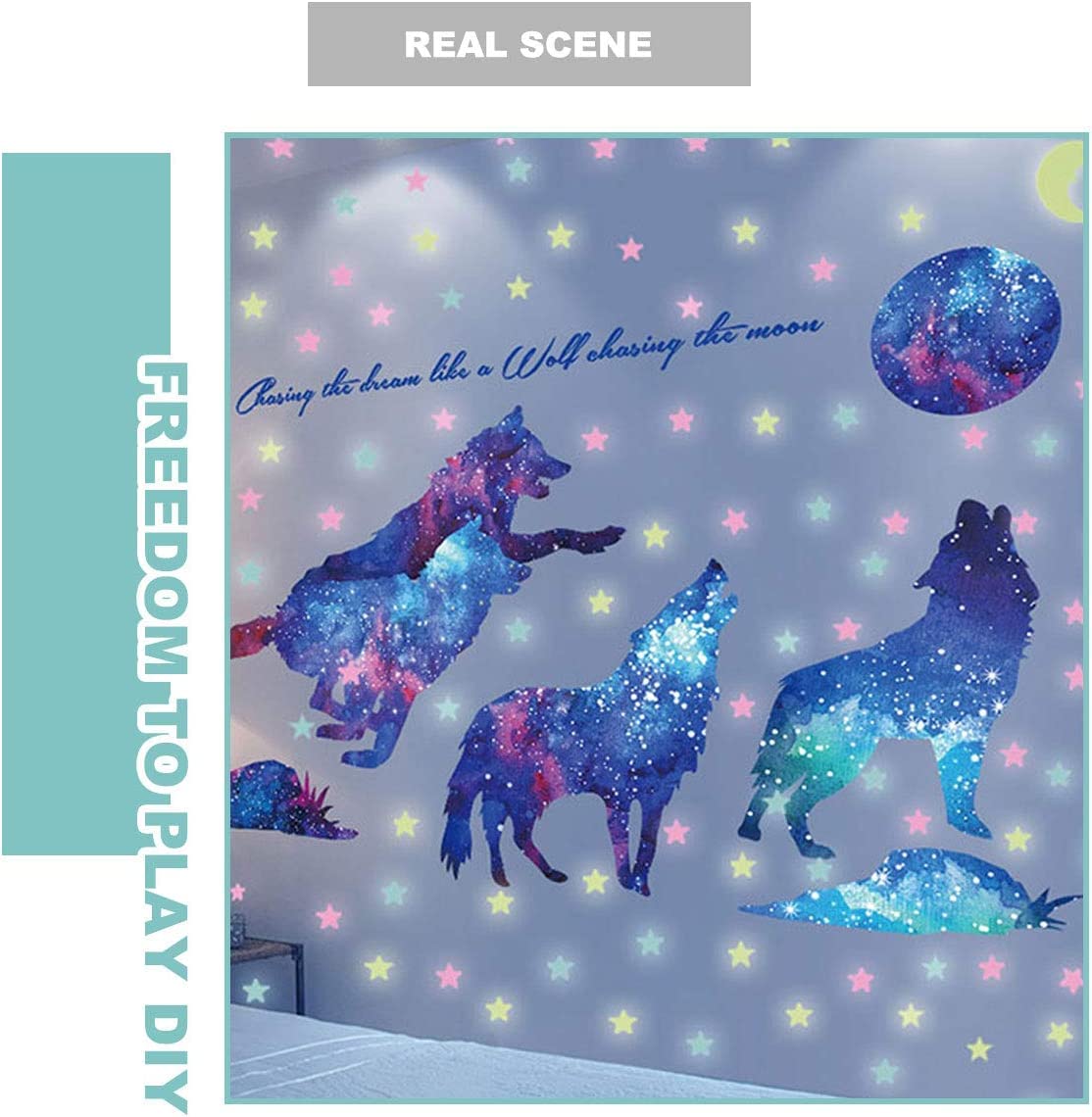 Starry Sky Galaxy Wolf Room Decor Wall Decal and Glow Moon Star Stickers RUIPBOTE Teen Bedroom Wall Decor Murals