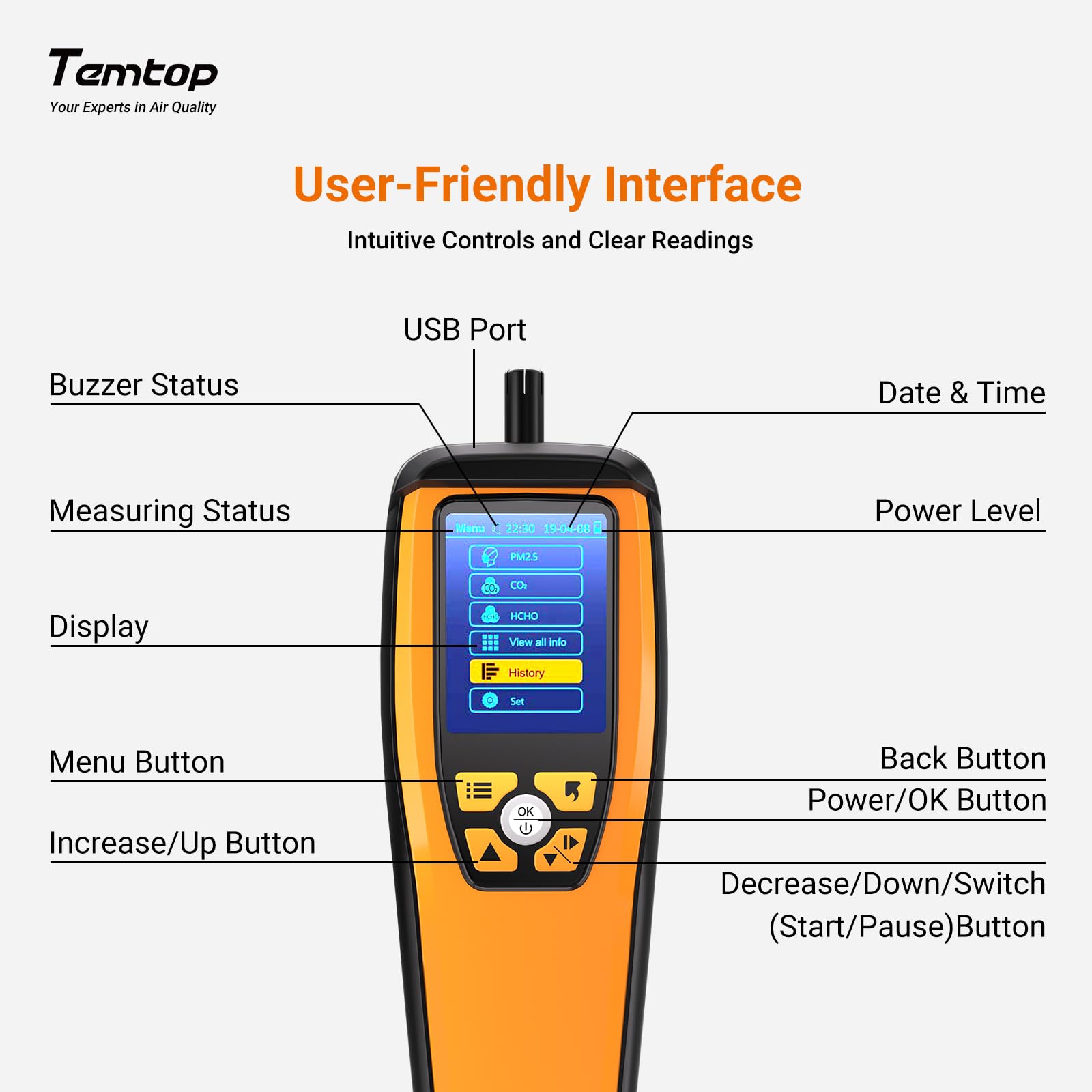 Temtop Air Quality Monitor CO2 Detector Professional Carbon Dioxide PM2.5 PM10 Formaldehyde Temperature and Humidity Monitor w/Audio Alarm Data Export (M2000 2nd)