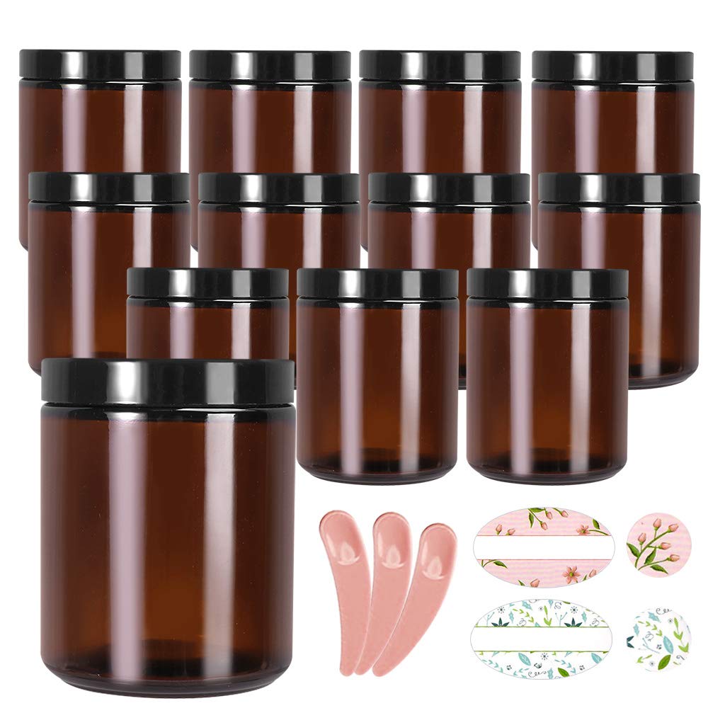 STARSIDE 12 Pack 8 oz Amber Glass Jars with Black Lids,Glass Candle Jars Round Jars for Cosmetics and Face cream Lotion.