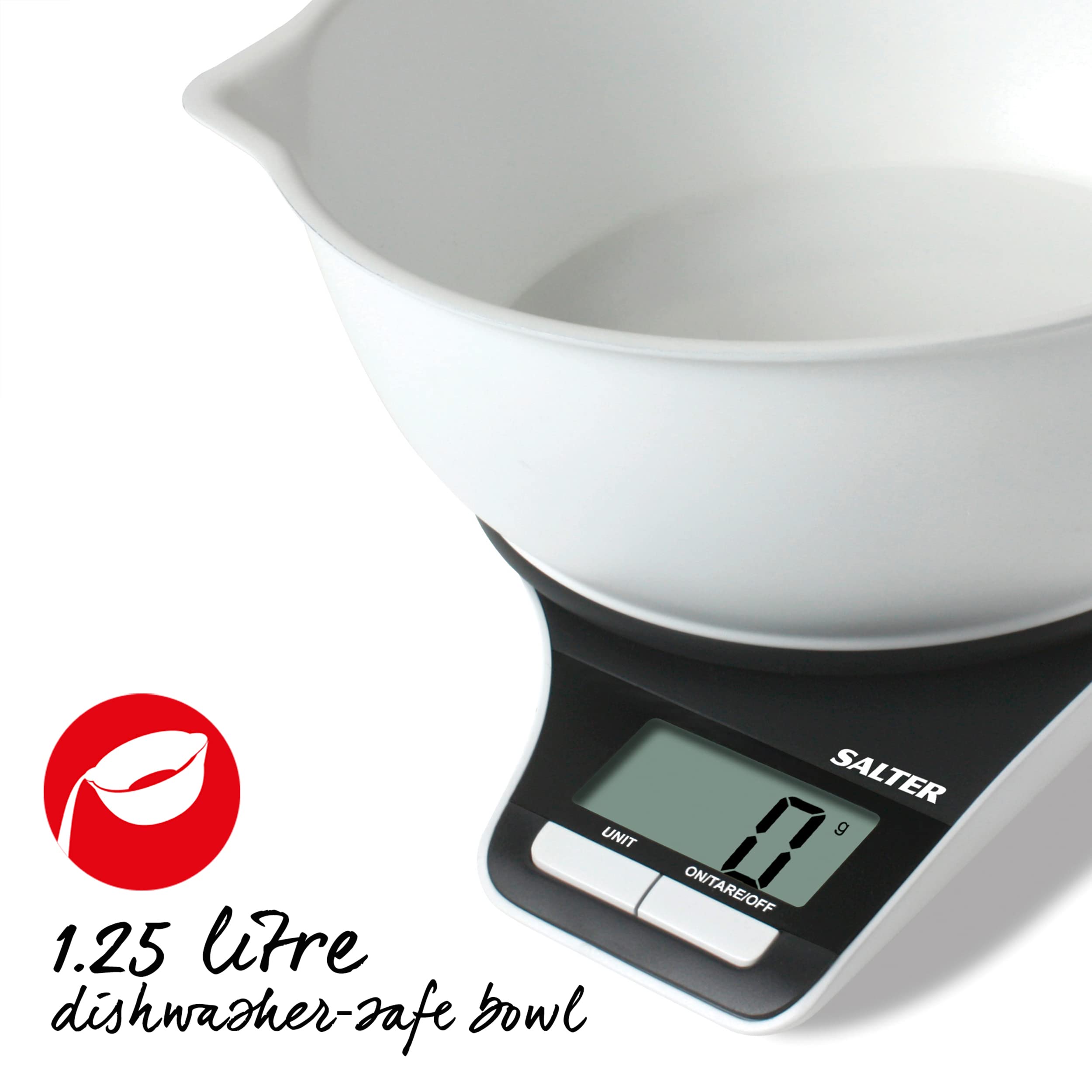 Salter 1089 BKWHDR Measuring Jug Electronic Kitchen Scale, Food/Baking Scale, Dishwasher Safe 1.25L Bowl, Easy Pour, Add & Weigh, Measures Liquids/Fluids, 5 Kg Capacity, Metric/Imperial, White/Black