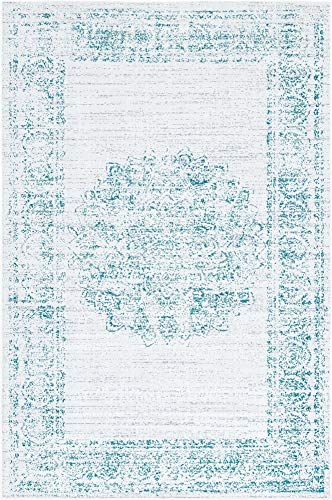 Unique Loom Aarhus Collection Vintage Border Area Rug_AAR003, 5 ft x 7 ft 9 in, Cream/Teal