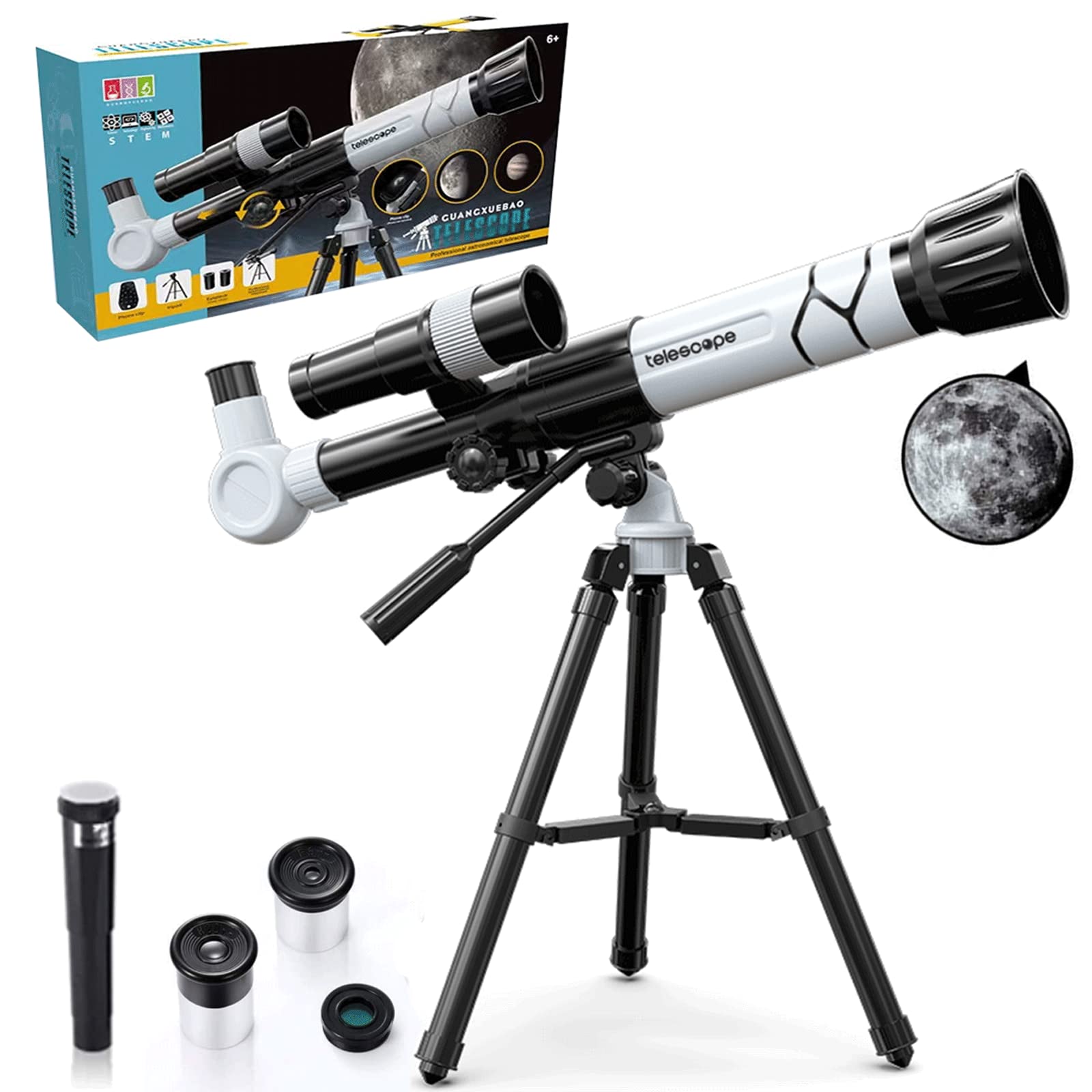 Timisea Telescope for Kids & Beginners, for a Young Astronomer,Portable Refractor Telescope with Tabletop Tripod and 3 Eyepieces, Explore Moon Space, Watch Night-Sky (White)