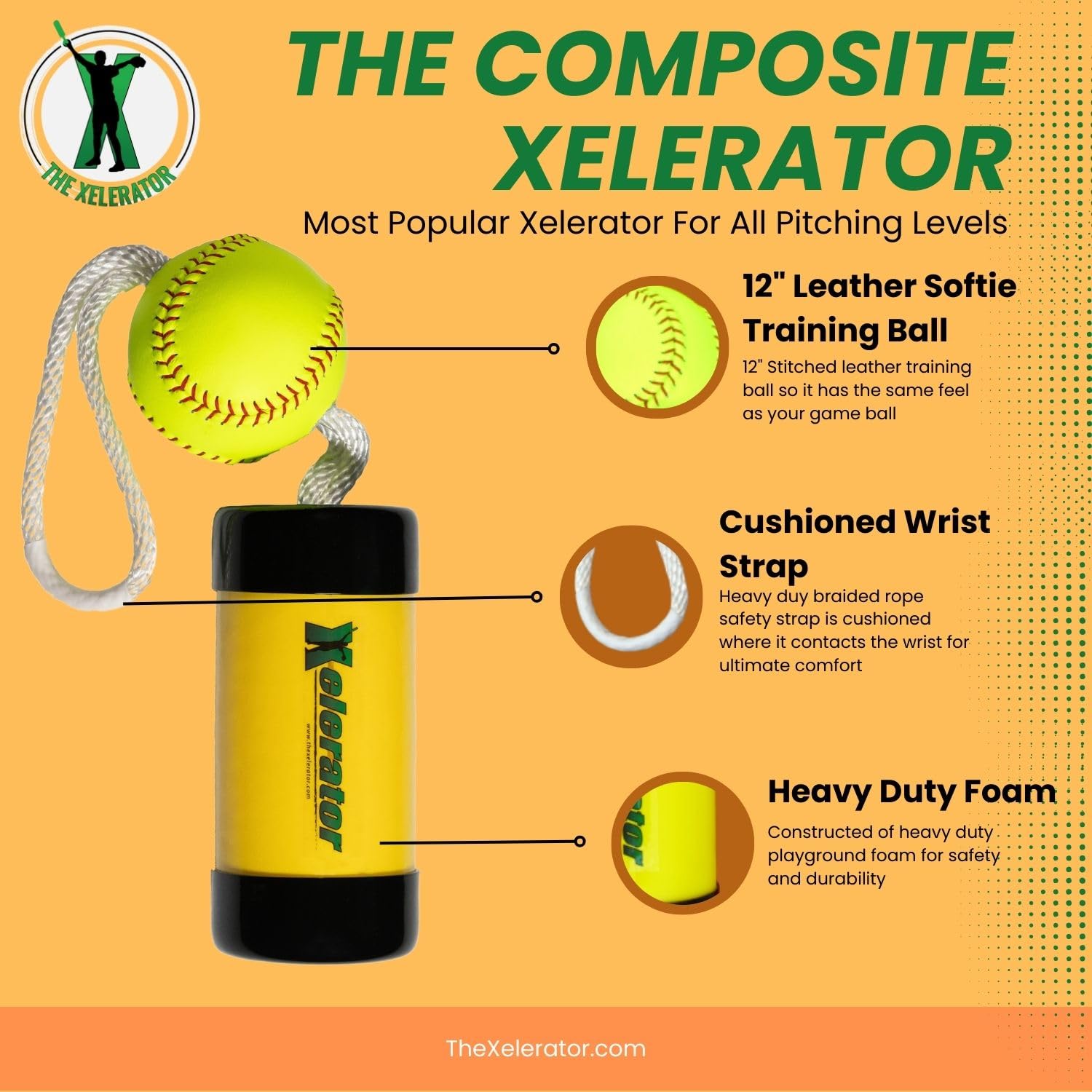The Composite Xelerator Fastpitch Softball Pitching Trainer and Warm Up Tool with 12 Inch Premium Leather Indoor Ball for Improved Grip - Made in USA