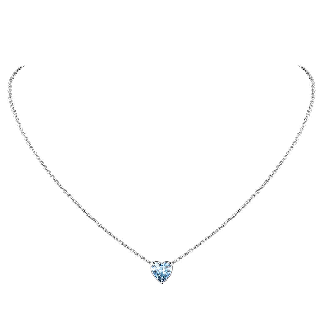 Suplight March Birthstone Necklace 925 Sterling Silver Small Blue Aquamarine Heart Necklace for Women
