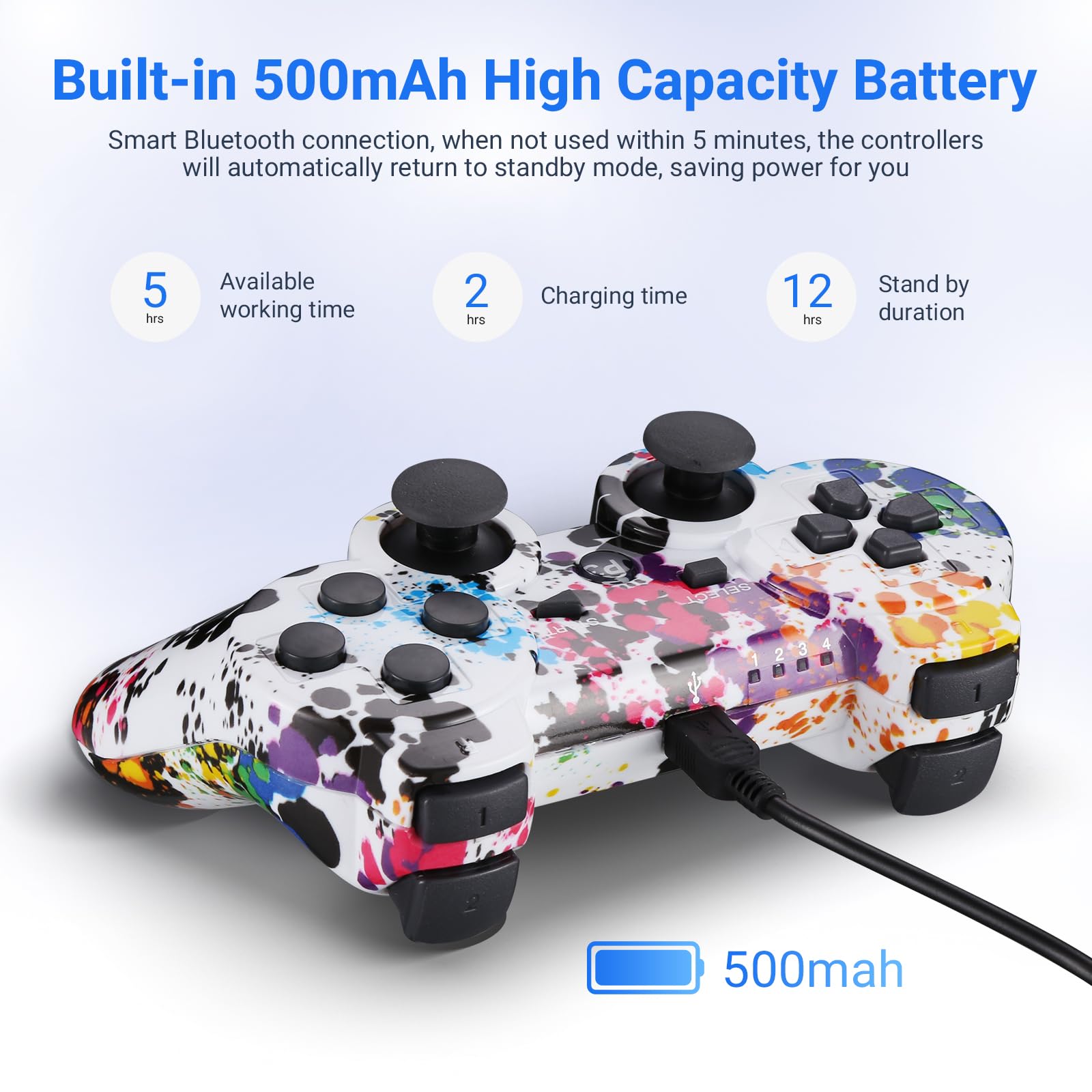 PS-3 Controller, 2 Pack Wireless Controller for PS3 for Sony Playstation-3, Double Shock, Bluetooth Connection, Rechargeable, Motion Sensor, Upgraded Remote Gamepads for PS3, 2 x USB Charging Cords