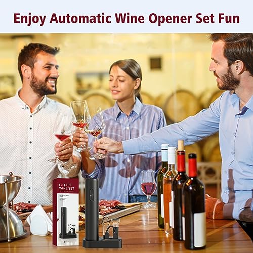 RUIVOKUR Electric Wine Opener Set, Battery Operated Wine Bottle Opener, Automatic Corkscrew Wine Opener with Foil Cutter, Vacuum Stopper, Aerator Pourer, Storage Base, Wine Opener Gift Set