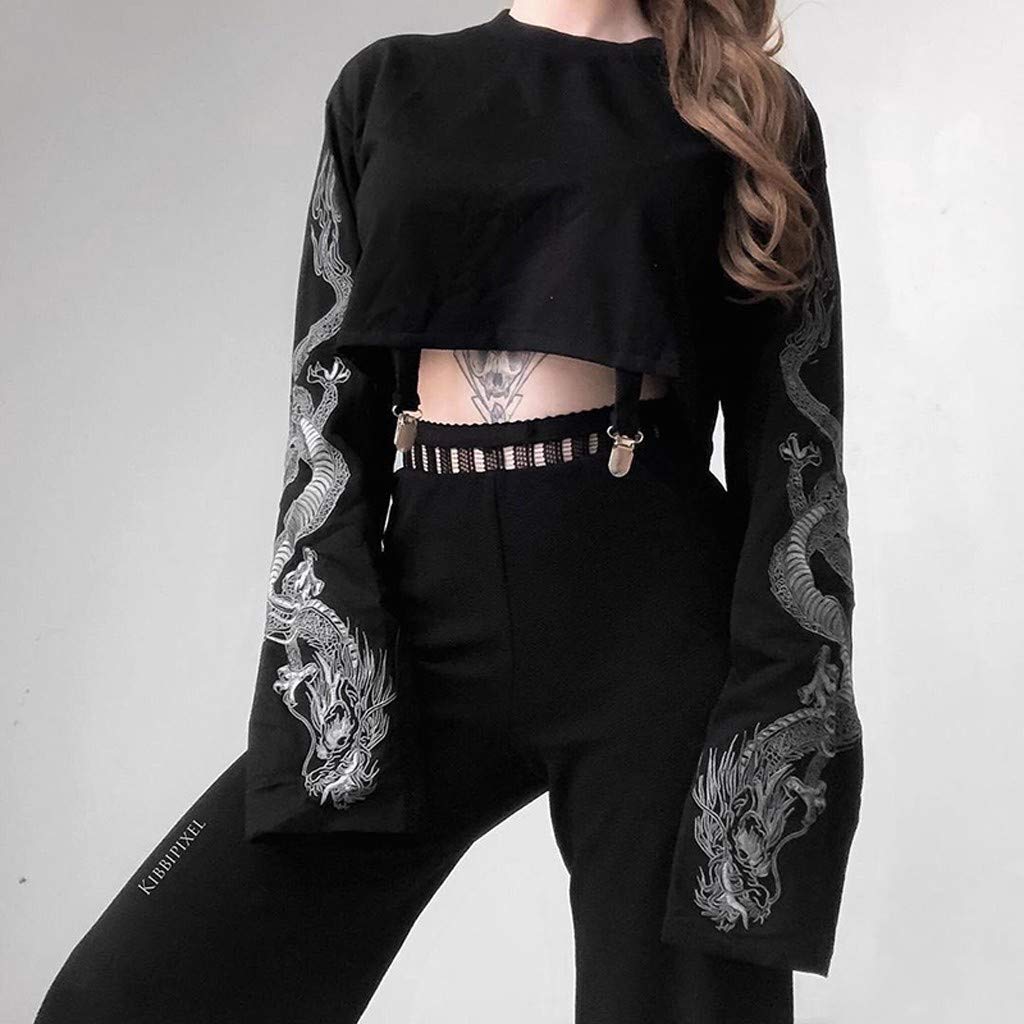 Women's Crop Sweatshirt Punk Goth Dragon Print Buckle Suspender Cropped Top Blouse Pullover Casual Outerwear (Black, L)