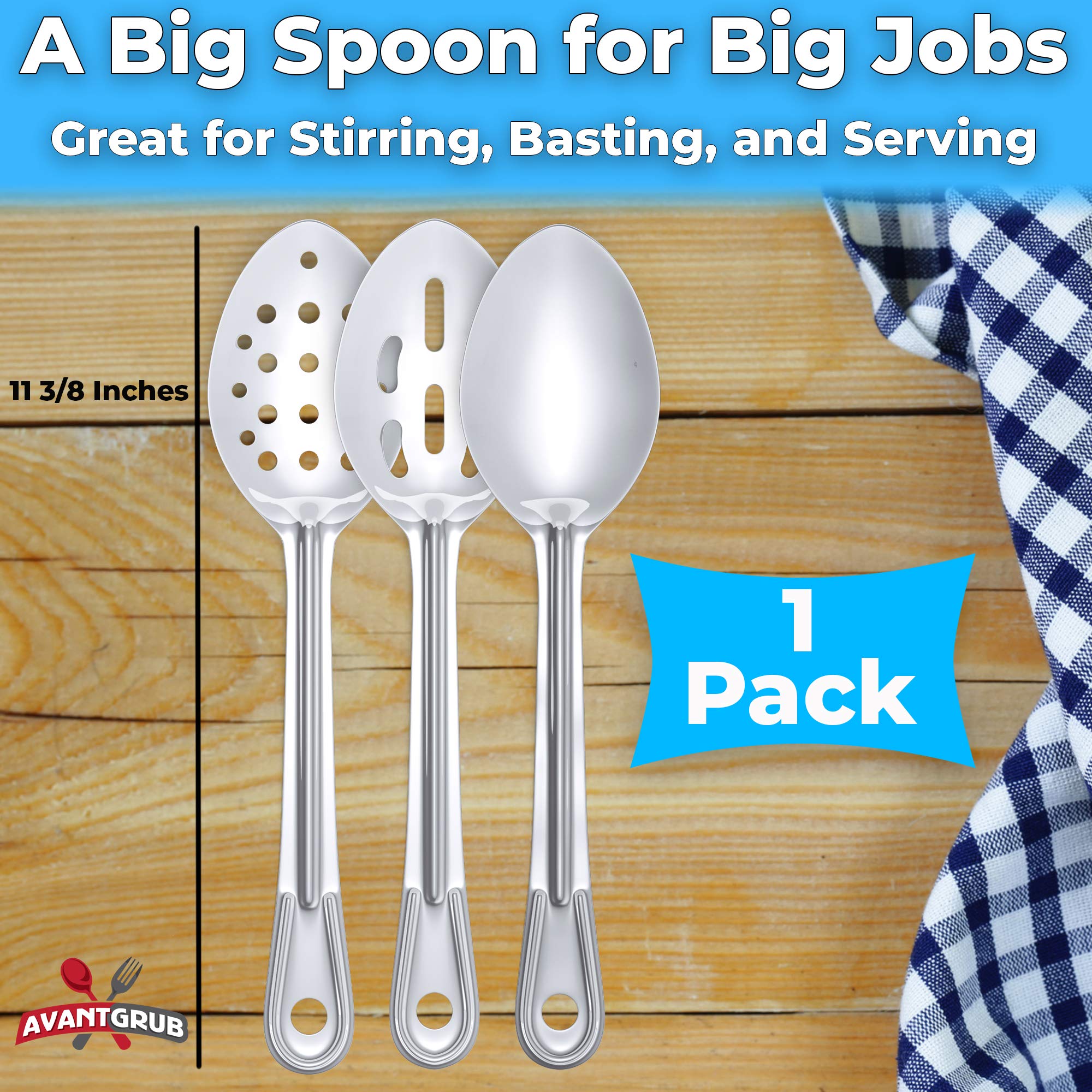 Super Strong, Ergonomic 11 in Serving Spoon 3 Pk. Big, Stainless Steel Spoons for Cooking, Baking, Stirring and Basting. Best Kitchen Flatware for Buffet and Banquet Service in Restaurants and at Home