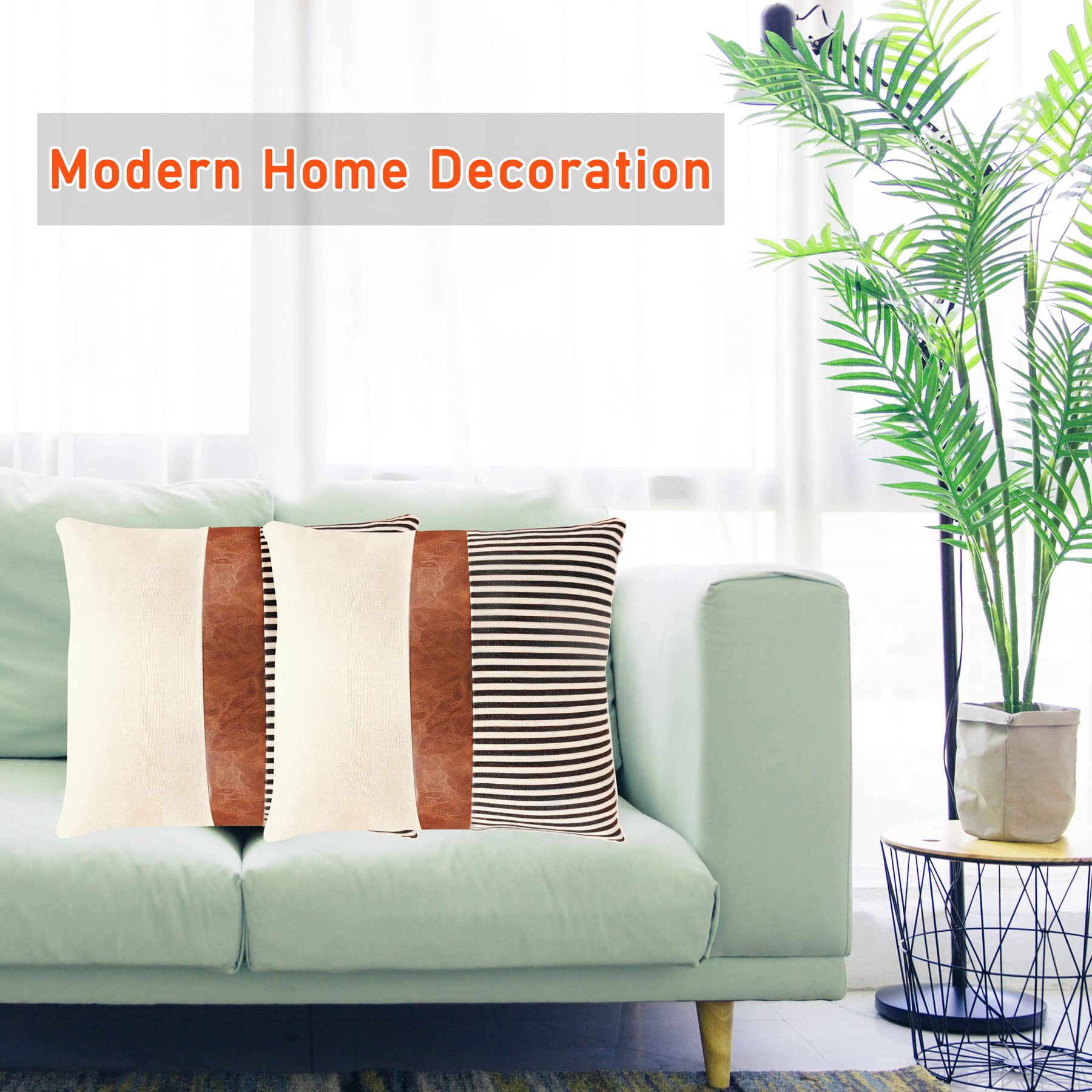 TIMDAM Farmhouse Decorative Throw Pillow Covers 18x18, Set of 2 Couch Pillow Cover for Living Room, Stripe Patchwork Linen Pillow Covers, Modern Accent Decor Square Faux Leather Throw Pillow Cases