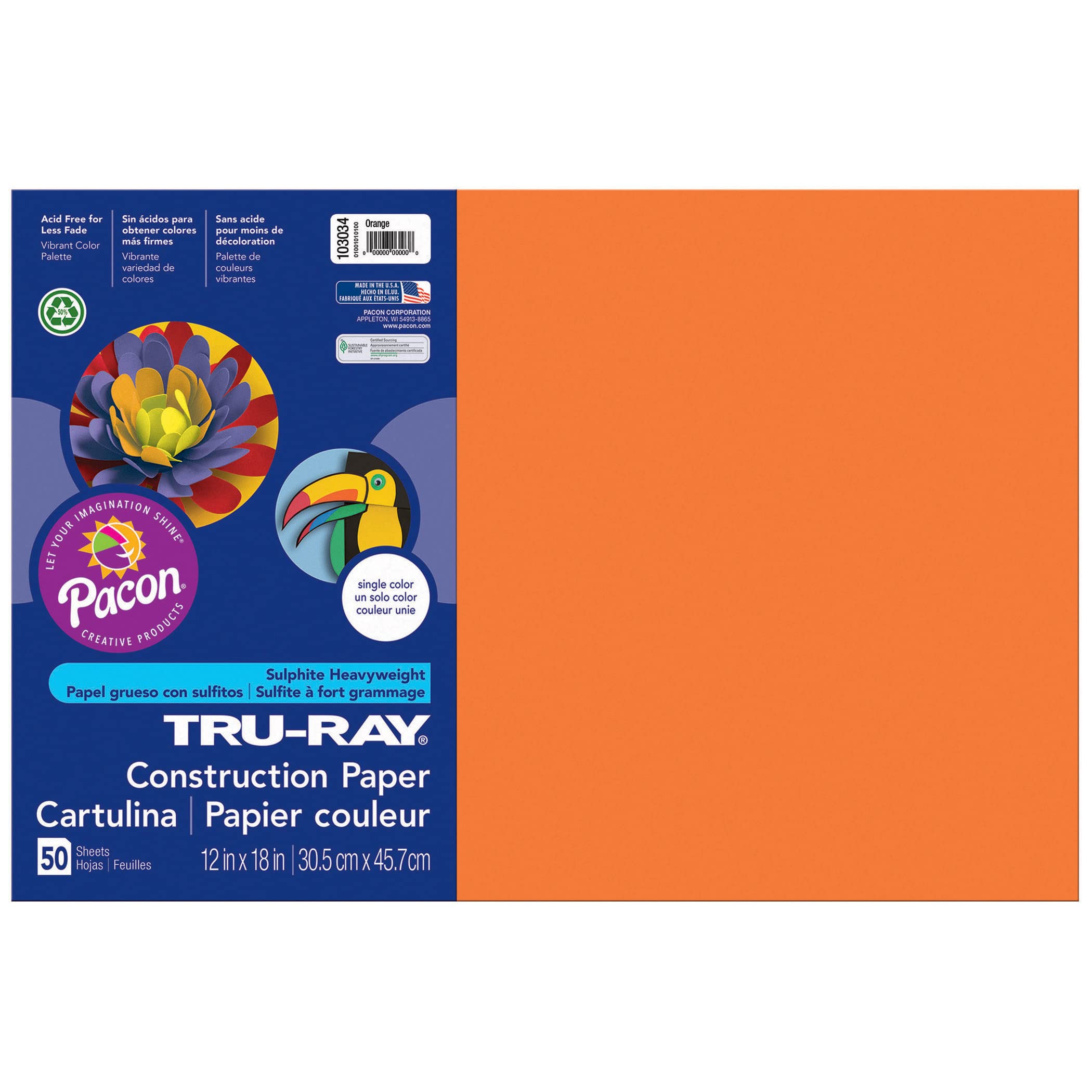 Tru-Ray Construction Paper, Orange, 12" x 18", 50 Sheets Per Pack, 5 Packs