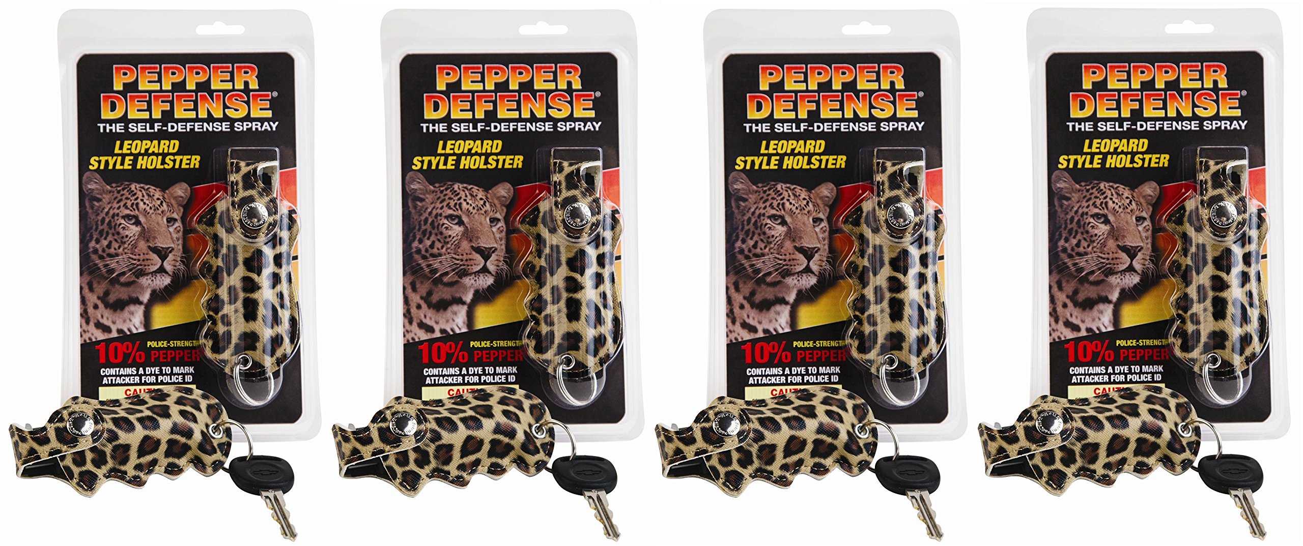 Pepper Defense 1/2 oz. Pepper Spray with Grip Holster and Keychain Attachment - Safety Twist Lock Glow Trigger - Maximum Strength 10% OC Formula - Self Defense Personal Protection (Leopard 4-Pack)