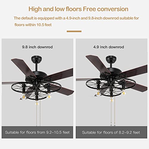 Rustic Ceiling Fan with Light and Remote Control, Industrial Farmhouse Ceiling Fans with 5 Brown Wooden Fan Blades and Retro Unique Wheel Shape,Pull Chains Control for Kitchen/Living Room
